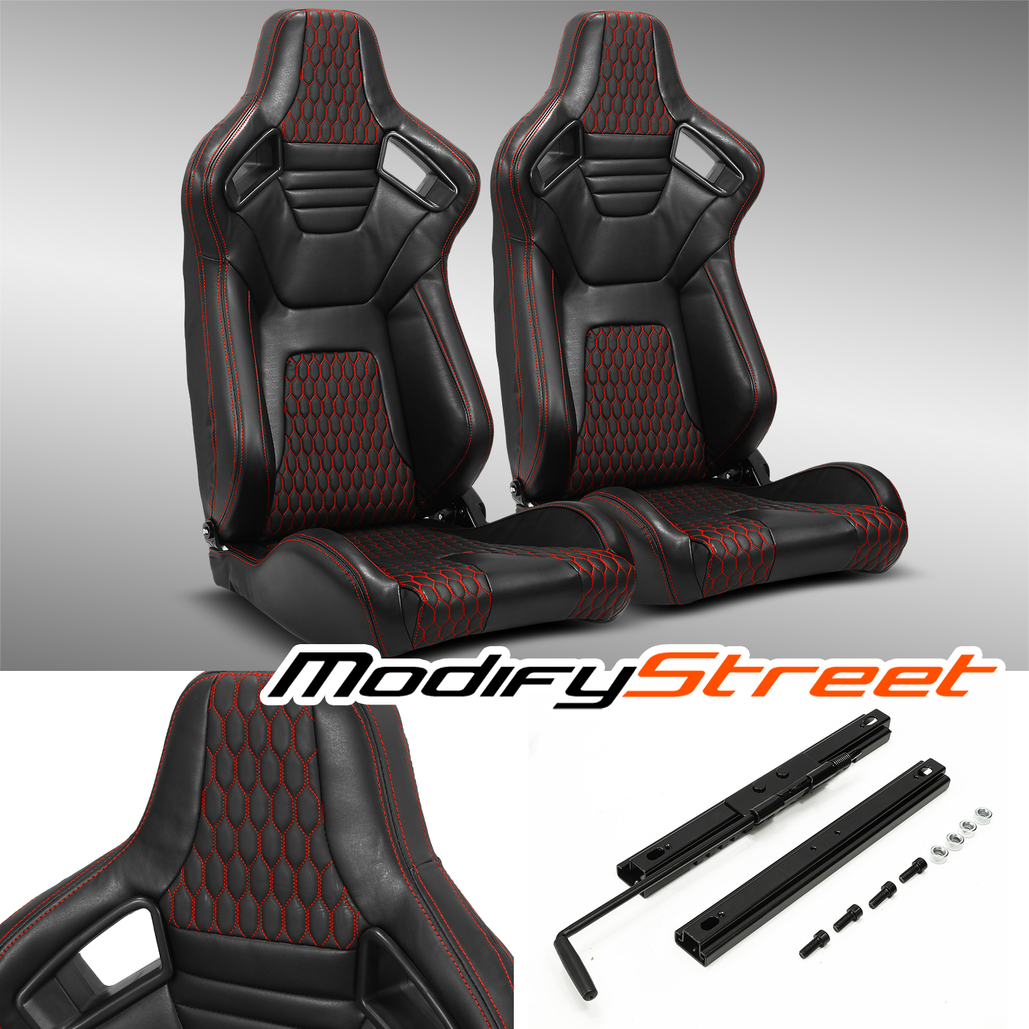 2 x MAIN BLACK+RED STITICHING PVC LEATHER L/R RACING BUCKET SEATS ...